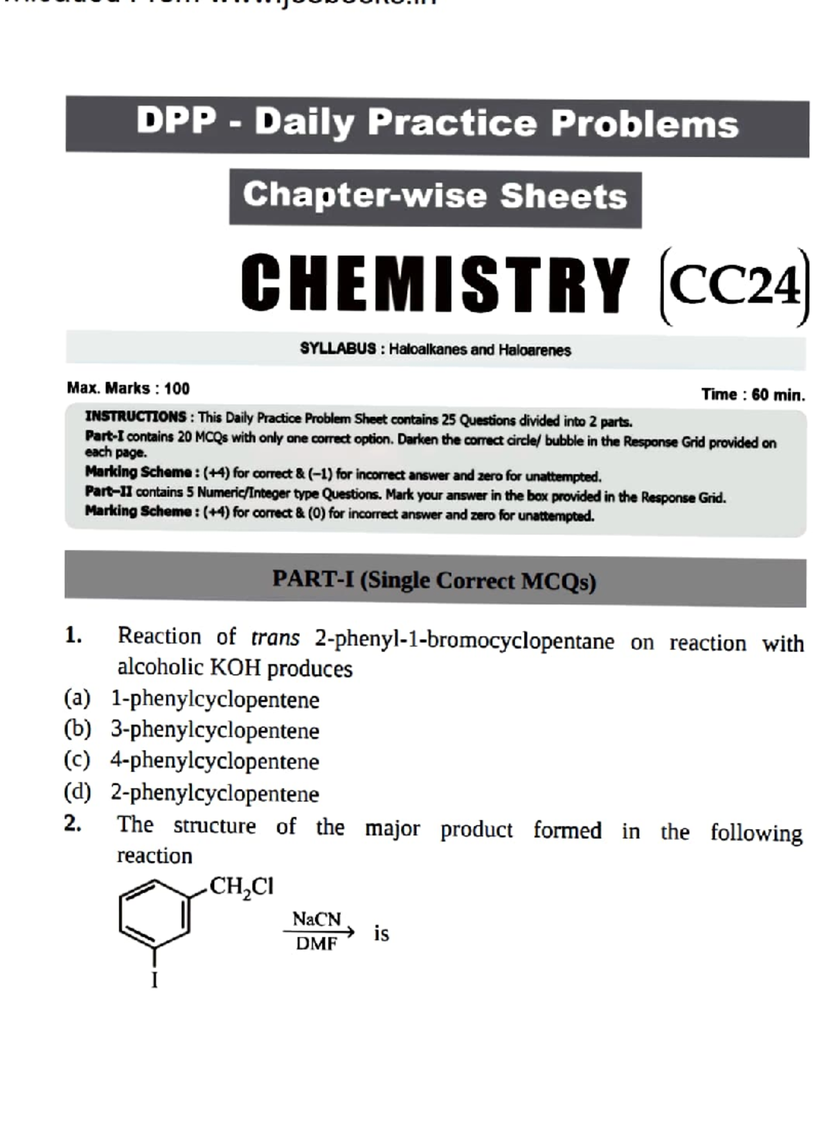 Alkyl halide practice for jee - Max. Marks : 100 1. DPP - Daily Practice Problems Chapter-wise ...