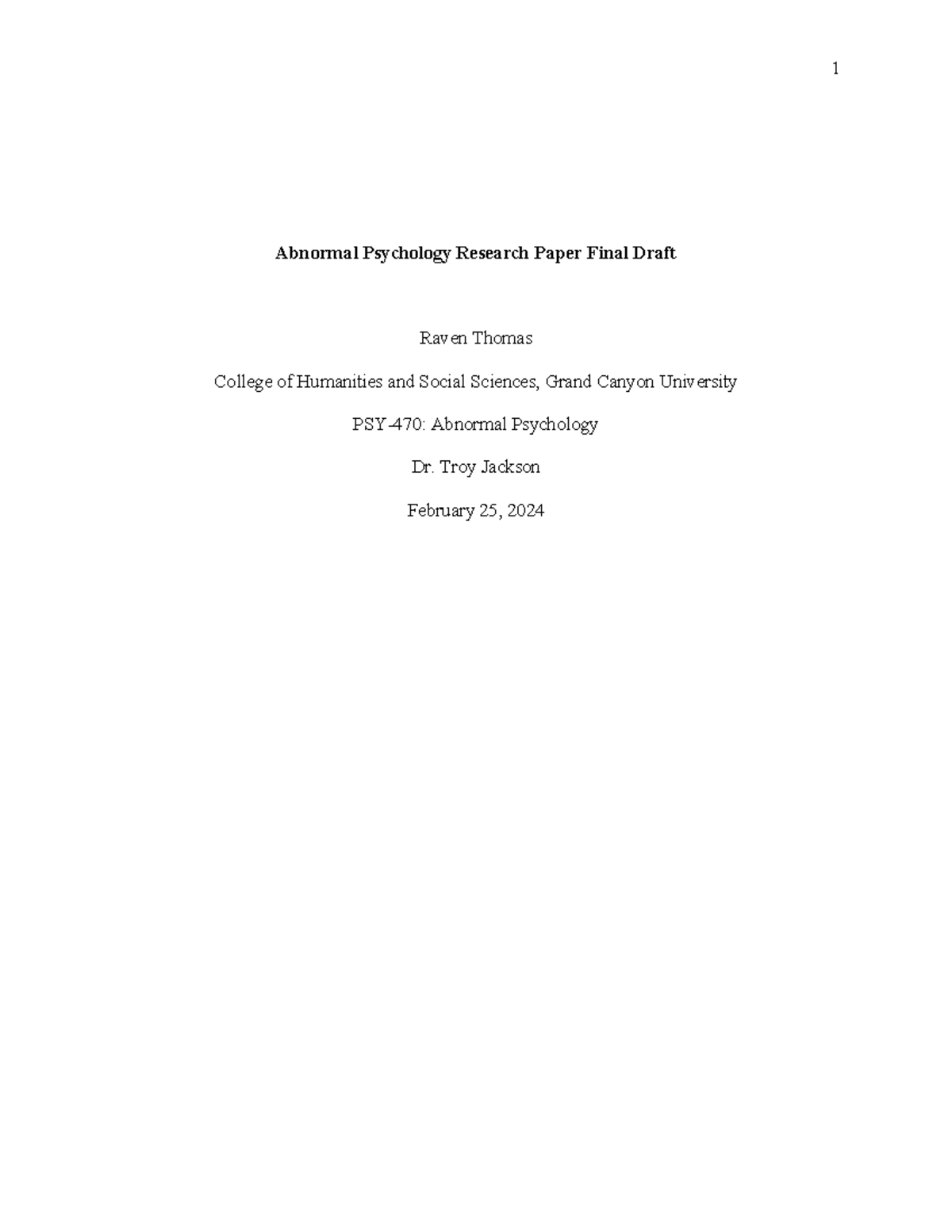 Abnormal Psychology Research Paper Final Draft - Troy Jackson February ...