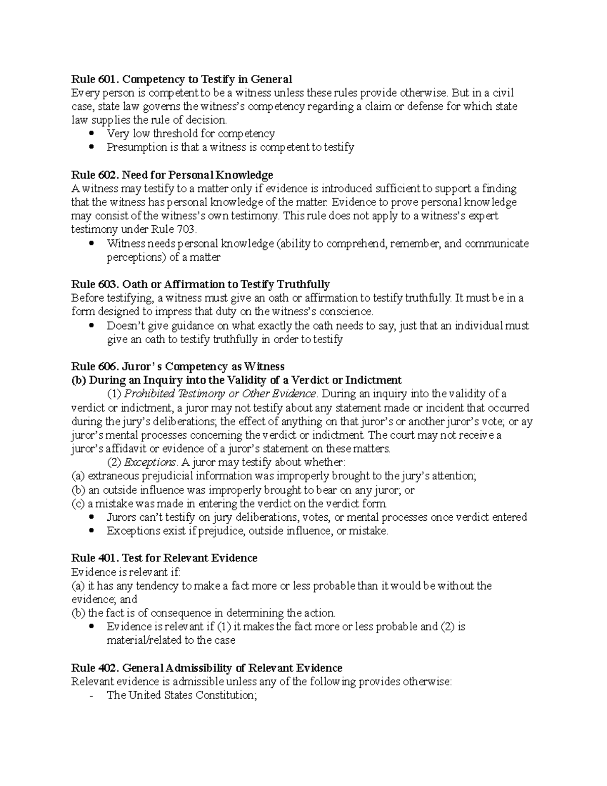 FRE Outline - Summary Evidence - Rule 601. Competency to Testify in ...