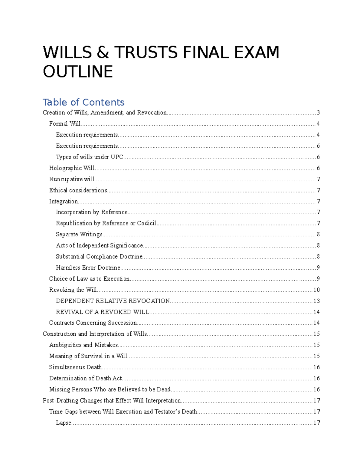 Final Exam Outline - WILLS & TRUSTS FINAL EXAM OUTLINE Creation of ...