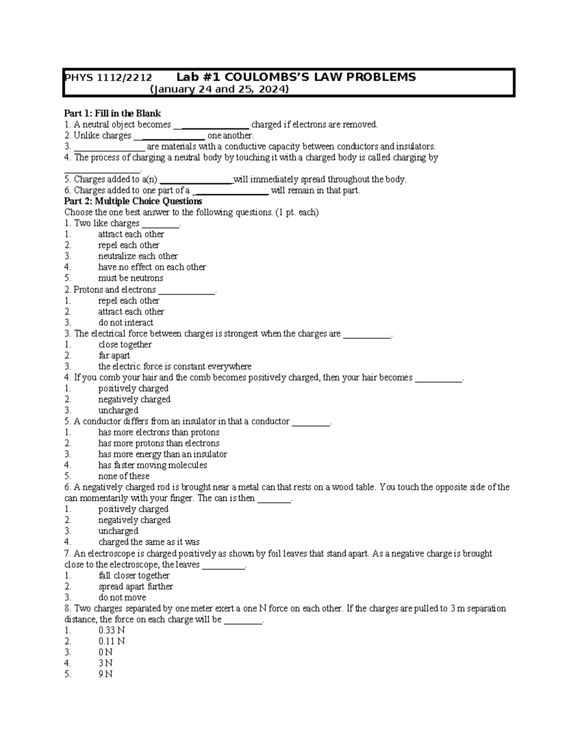 Lab 1 (coulomb's law problems) - PHYS 1112/2212 Lab #1 COULOMBS’S LAW ...
