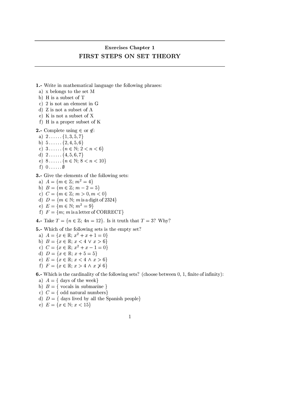 Ex Ch1 Sets Applications - Exercises Chapter 1 FIRST STEPS ON SET ...