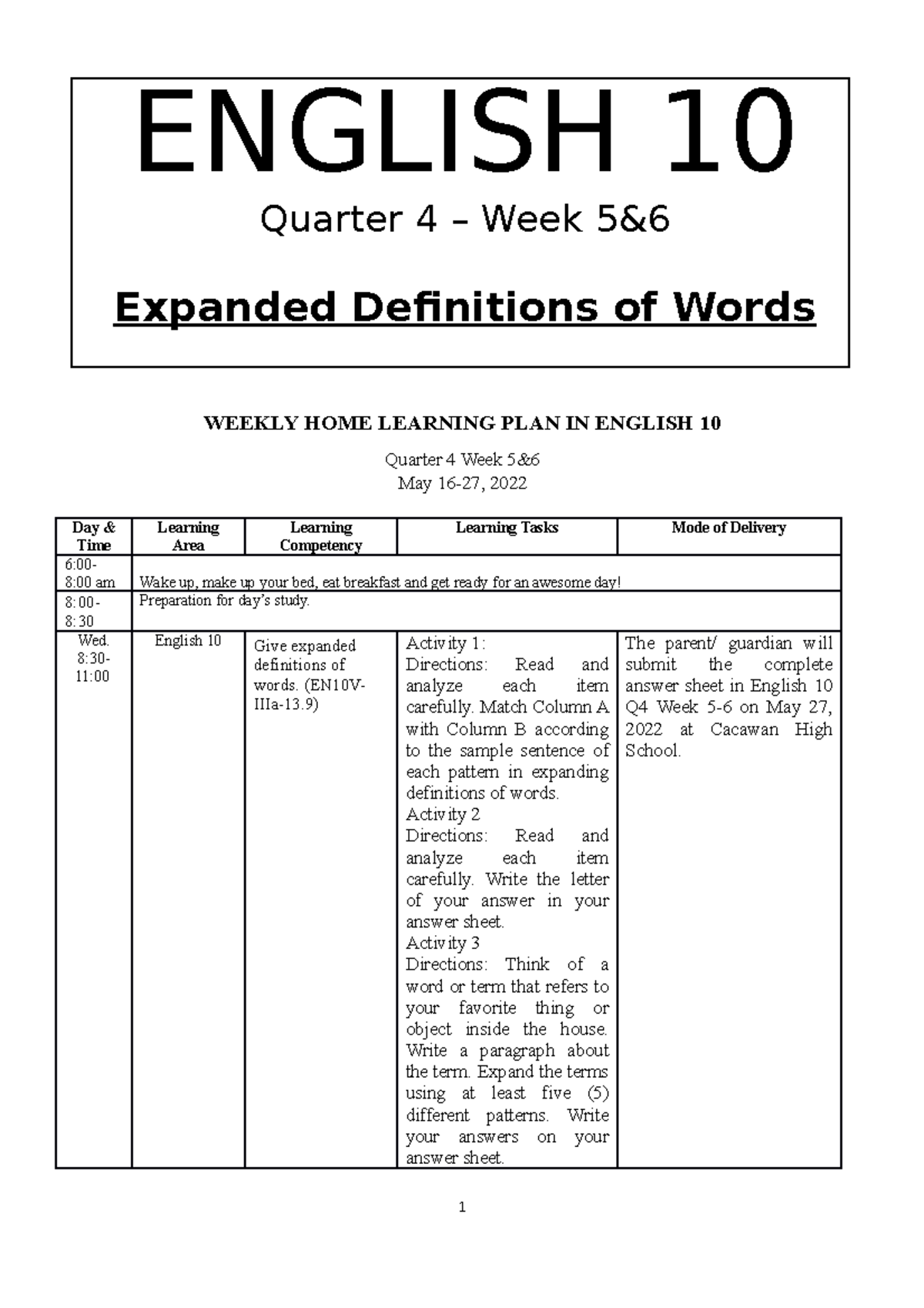 English 10 q4 w5-6 - Mam Arsenias - WEEKLY HOME LEARNING PLAN IN ENGLISH 10 Quarter 4 Week 5 ...