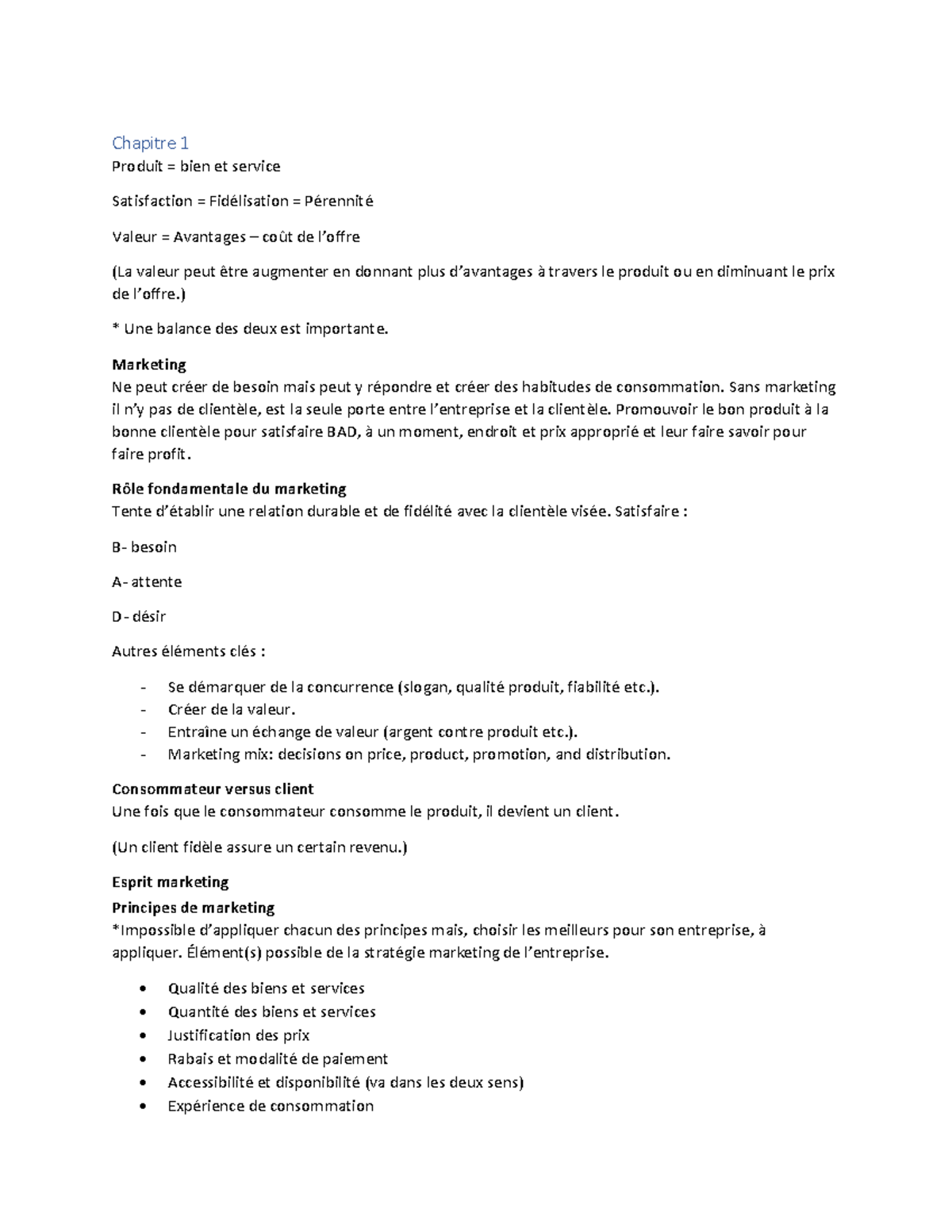 Chapitres 1-6 - Chapitre 1 Produit = bien et service Satisfaction ...