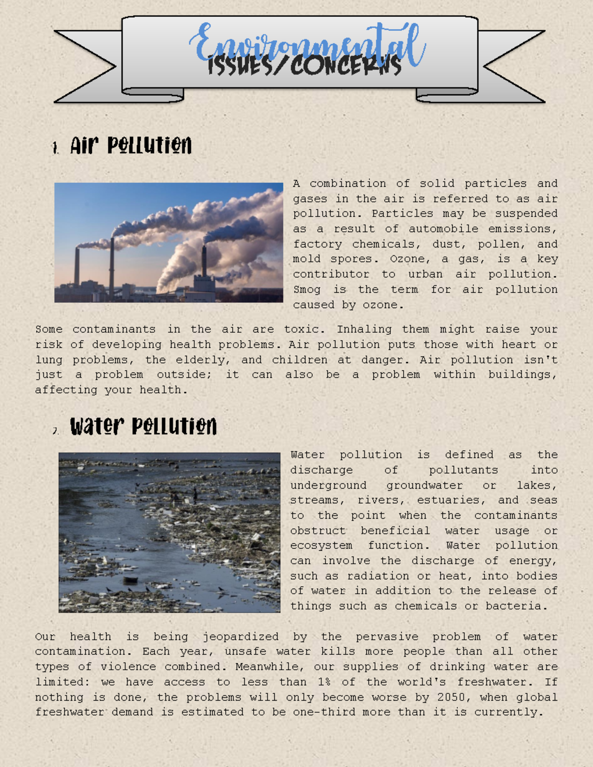 Environmental Issues - Notes - A combination of solid particles and ...