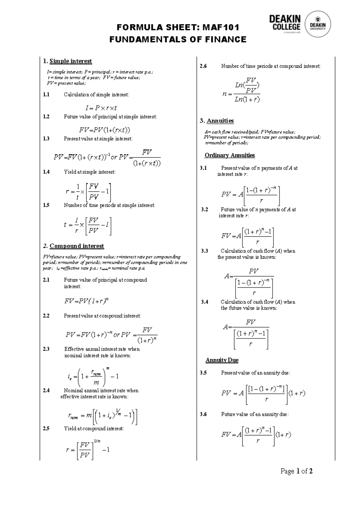 MAF101 Formula Sheet 2017 - FORMULA SHEET: MAF101 FUNDAMENTALS OF ...