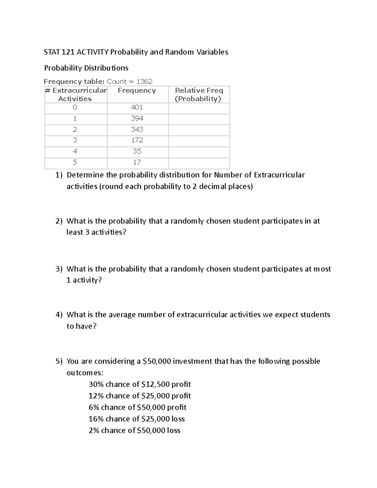 STAT 121 Activity Probability and Random Variables SU18 - STAT 121 ACTIVITY Probability and ...
