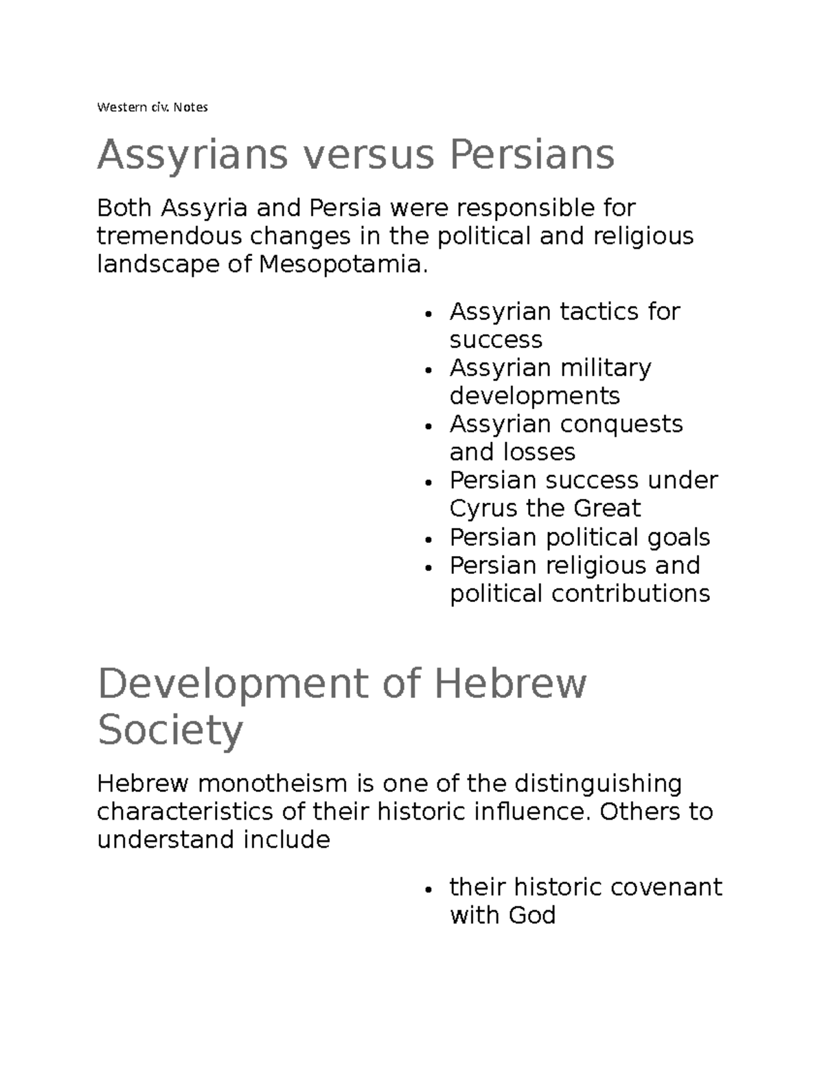 Lecture notes - coursework - Western civ. Notes Assyrians versus ...