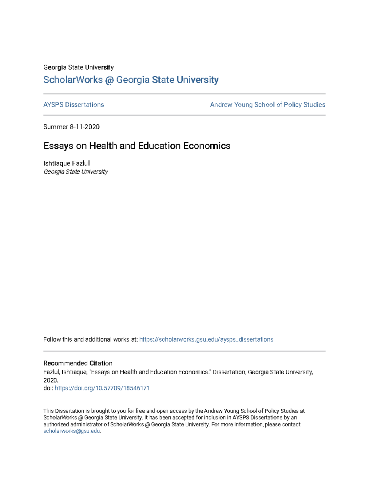 Essays on Health and Education Economics - Georgia State ...