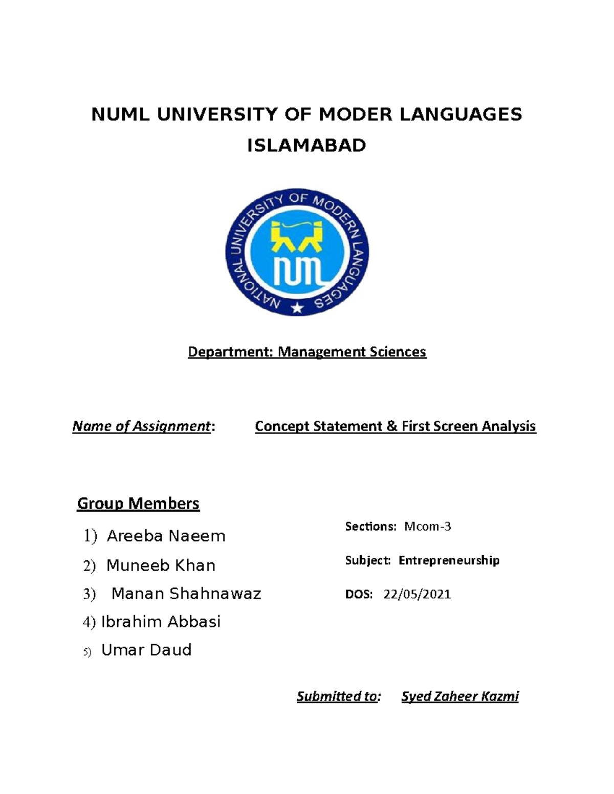 First Screen Analysis - NUML UNIVERSITY OF MODER LANGUAGES ISLAMABAD ...