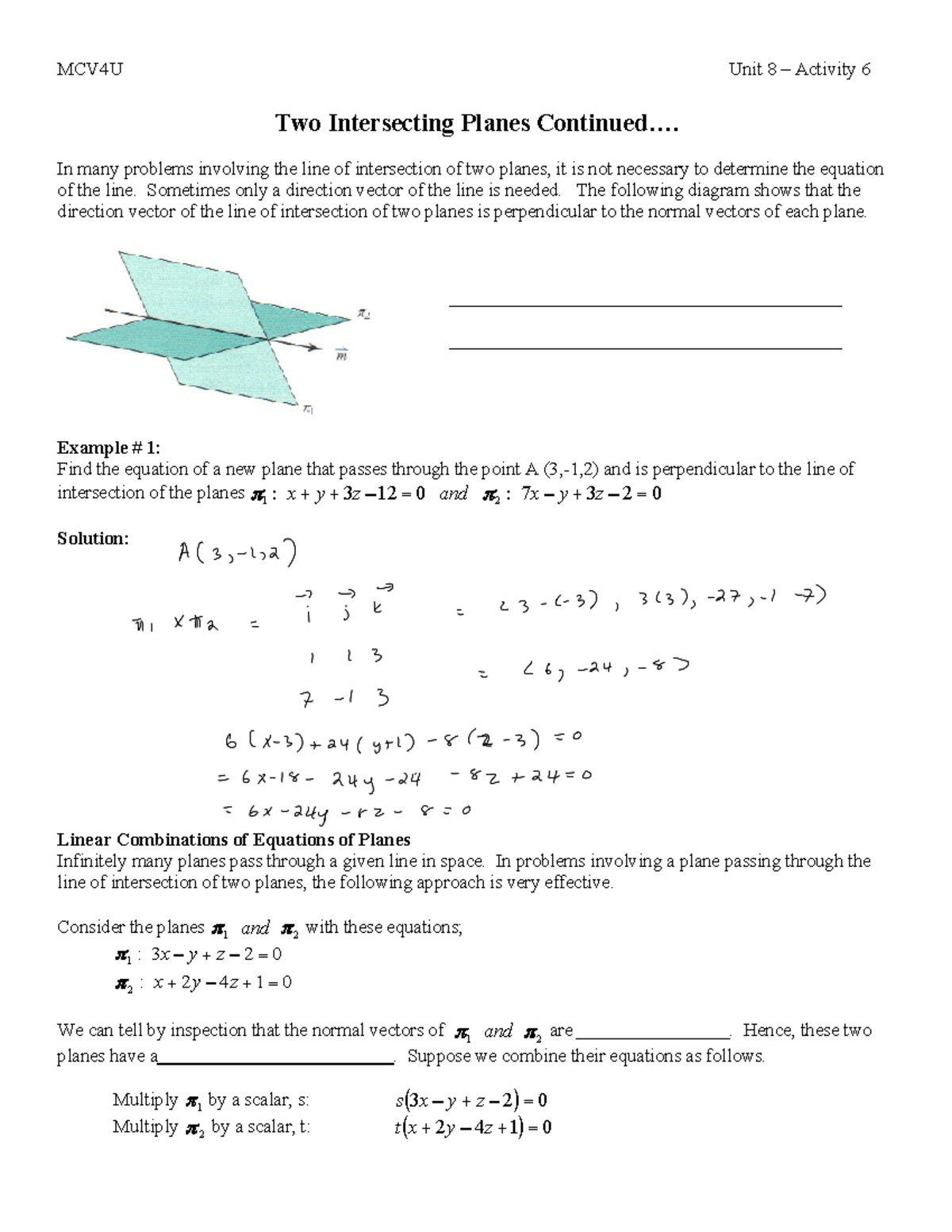 Unit 8 Activity 6 - Two Intersecting Planes Continued - MCV4U Unit 8 ñ ...