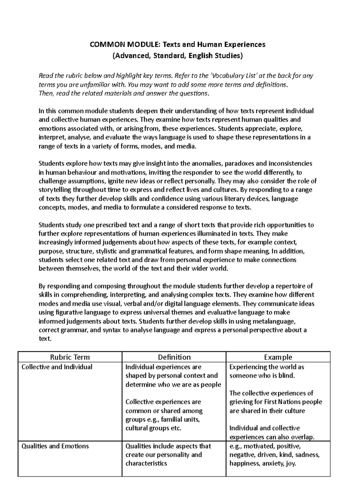 02 - Common worksheet- An Introduction - COMMON MODULE: Texts and Human ...