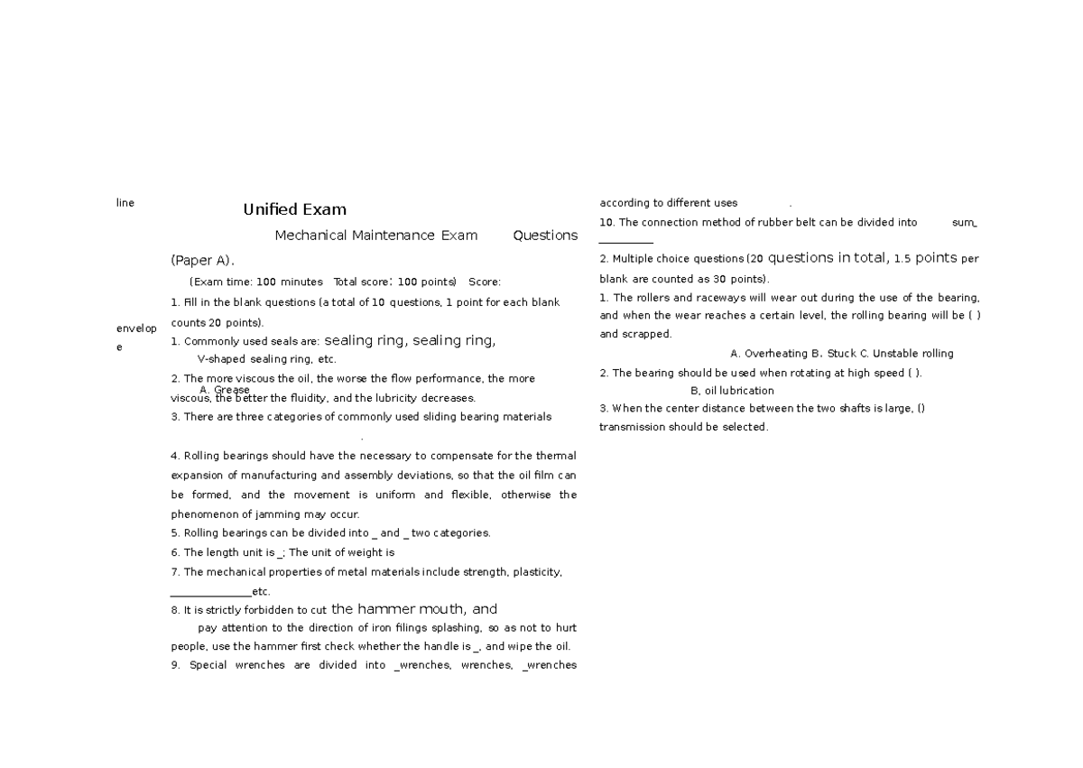 Mechanical Maintenance Exam Questions - line envelop e Unified Exam ...