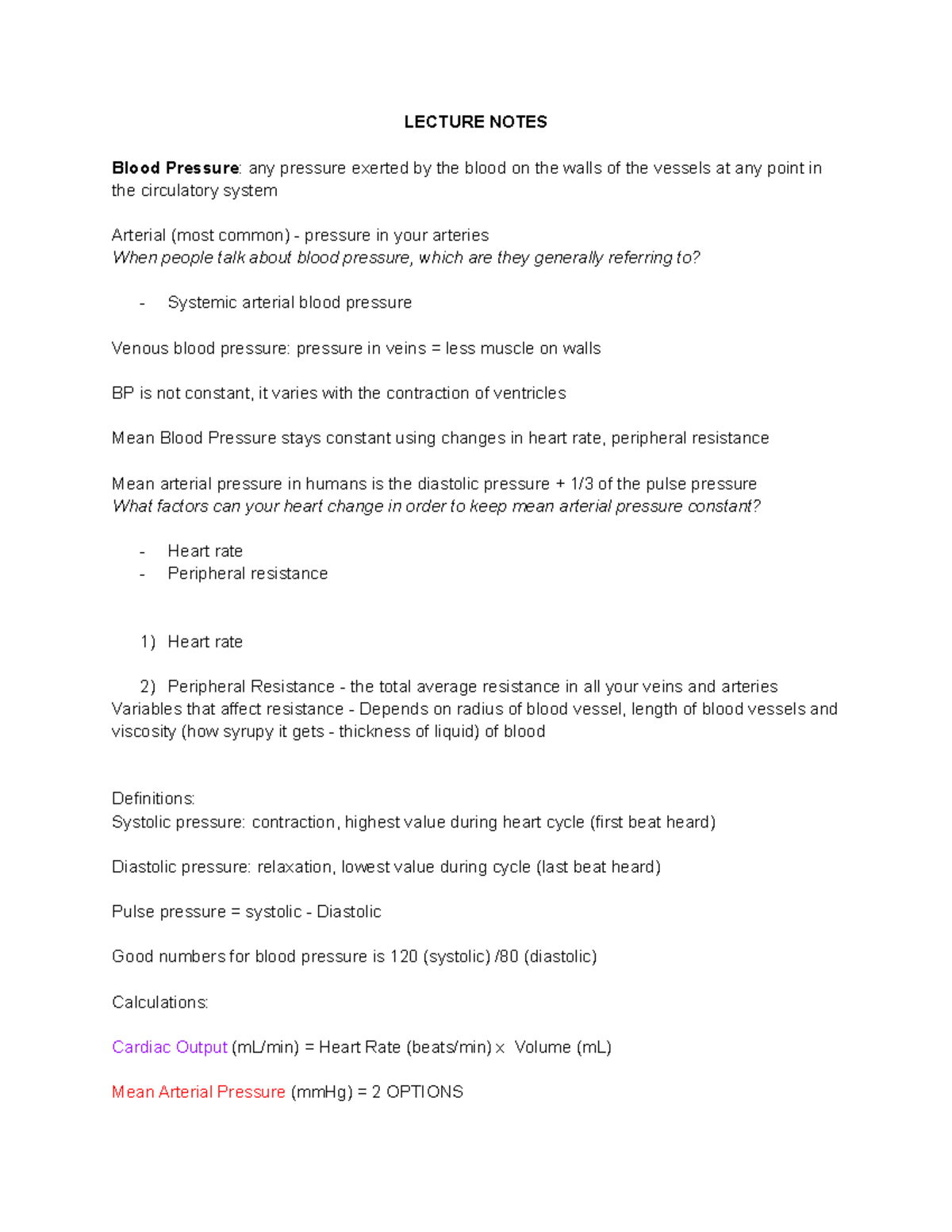 BIOL 2220 Blood Pressure - LECTURE NOTES Blood Pressure : any pressure ...