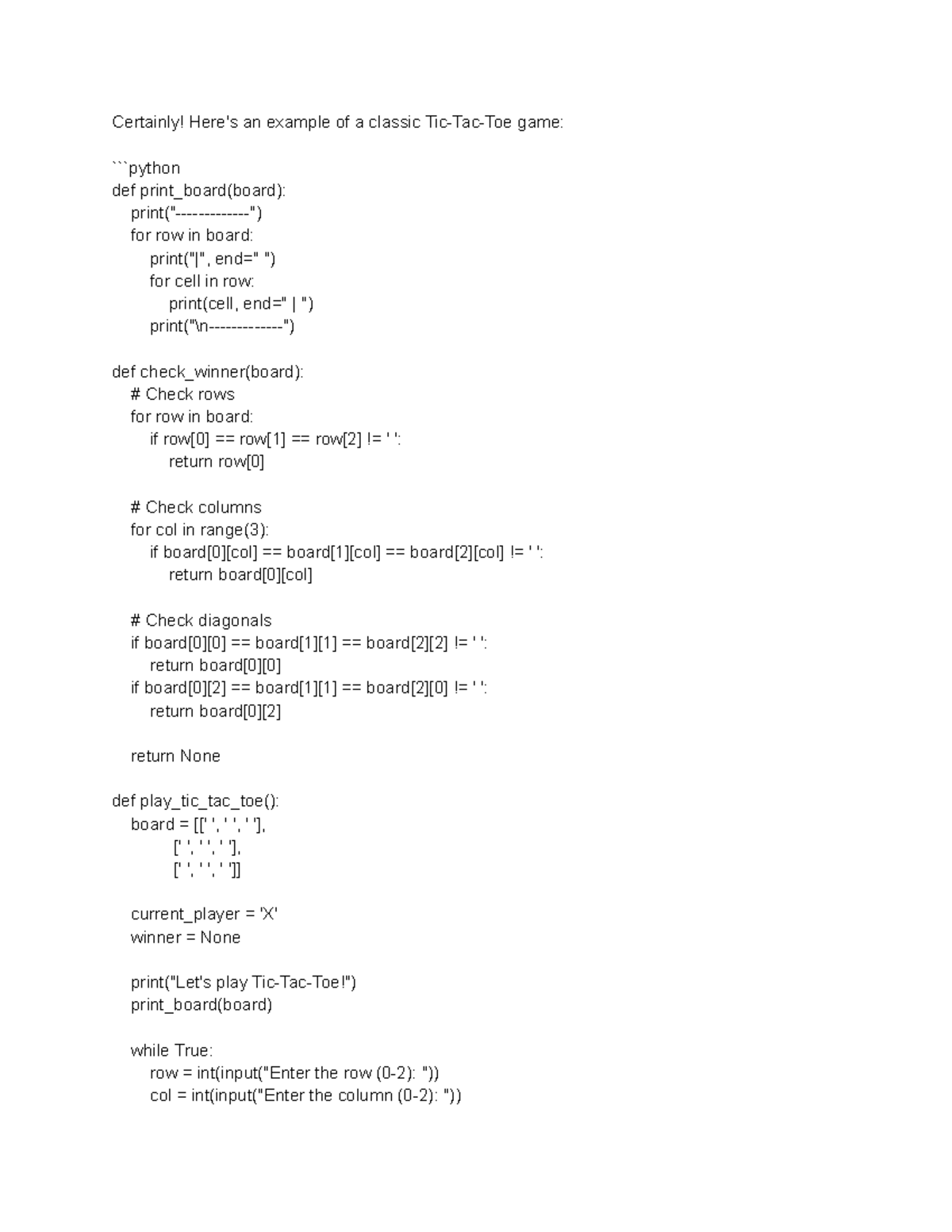 Game #3 - Coding - Certainly! Here's an example of a classic Tic-Tac ...