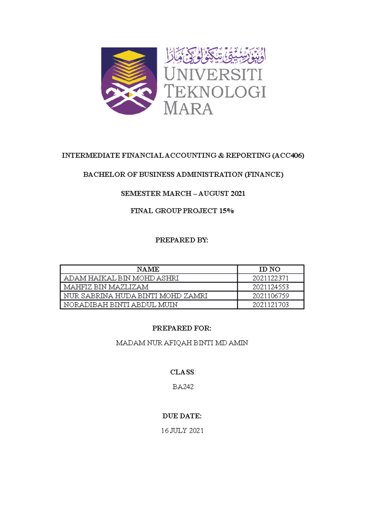 Final Group Project - financial accounting 1 - INTERMEDIATE FINANCIAL ...