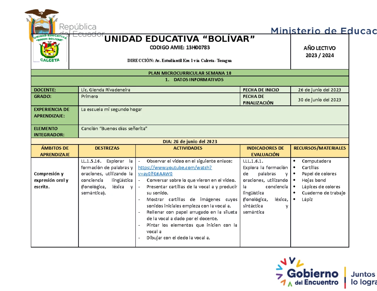 Planificacion Semana 11 Preparatoria - UNIDAD EDUCATIVA “BOLÍVAR ...