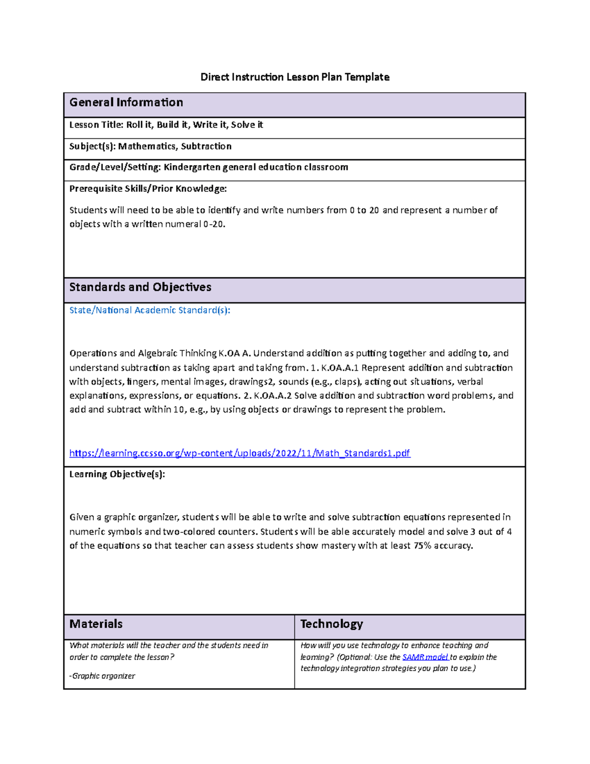 Task 1 Lesson plan - Direct Instruction Lesson Plan Template General ...