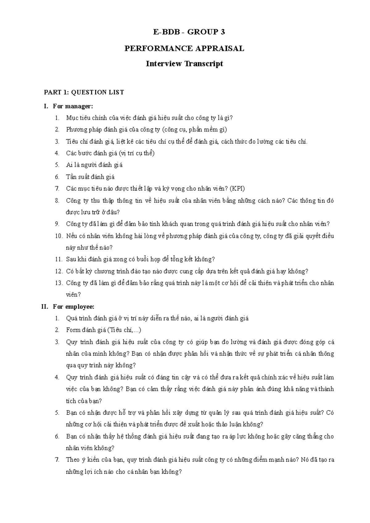 HRM Group 3 - Interview Transcript - E-BDB - GROUP 3 PERFORMANCE APPRAISAL Interview Transcript ...