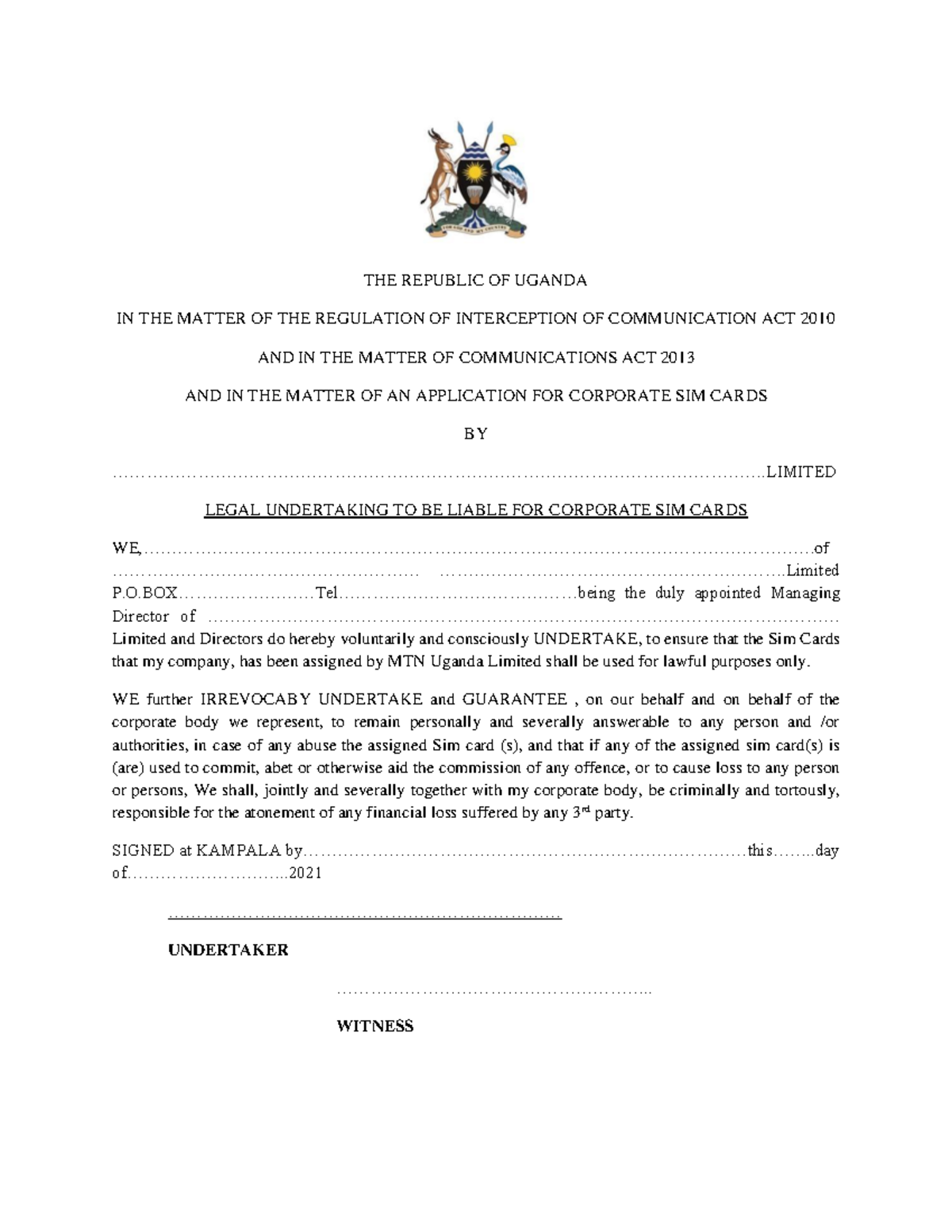 Legal Undertaking - Keneth - THE REPUBLIC OF UGANDA IN THE MATTER OF ...