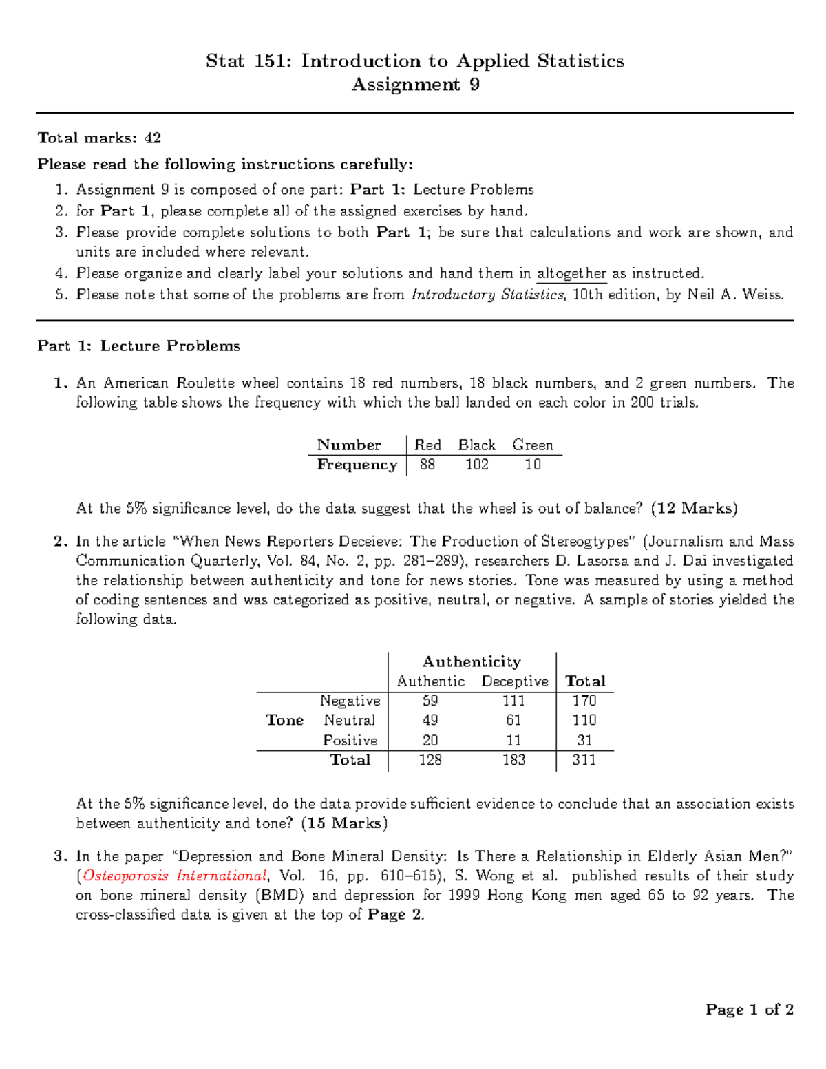 Stat151 Assignment 9 Stat 151 Introduction To Applied Statistics Assignment 9 Total Marks 42