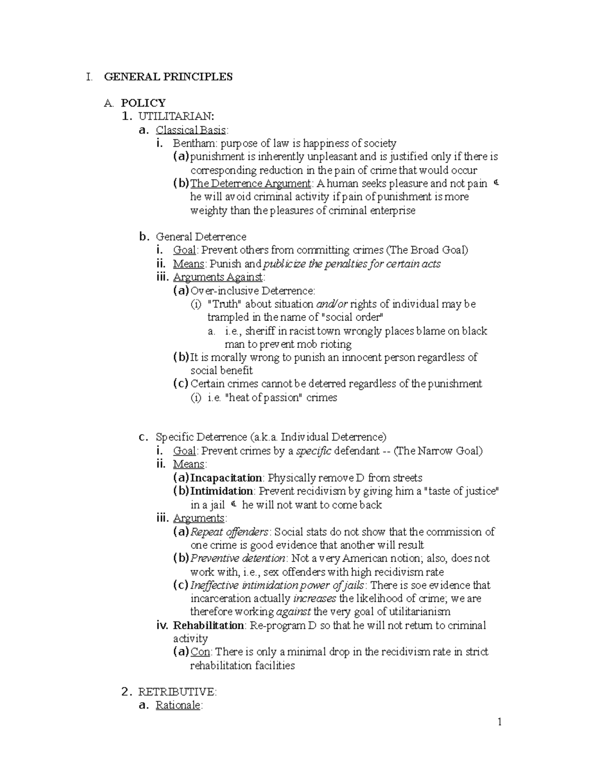 Criminal Law Outline - 2 - I. GENERAL PRINCIPLES A. POLICY 1 ...