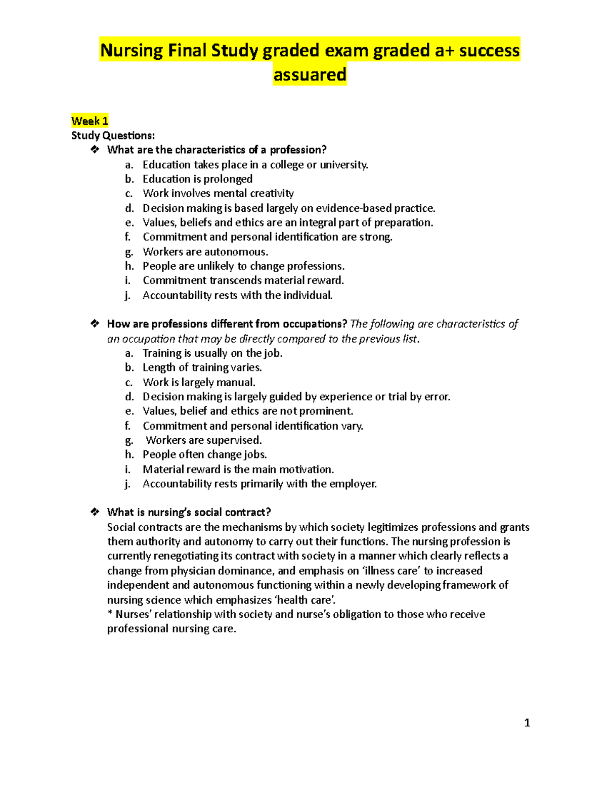 PN Final Study Guide Full - 1 assuared Week 1 Study Questions: What are ...