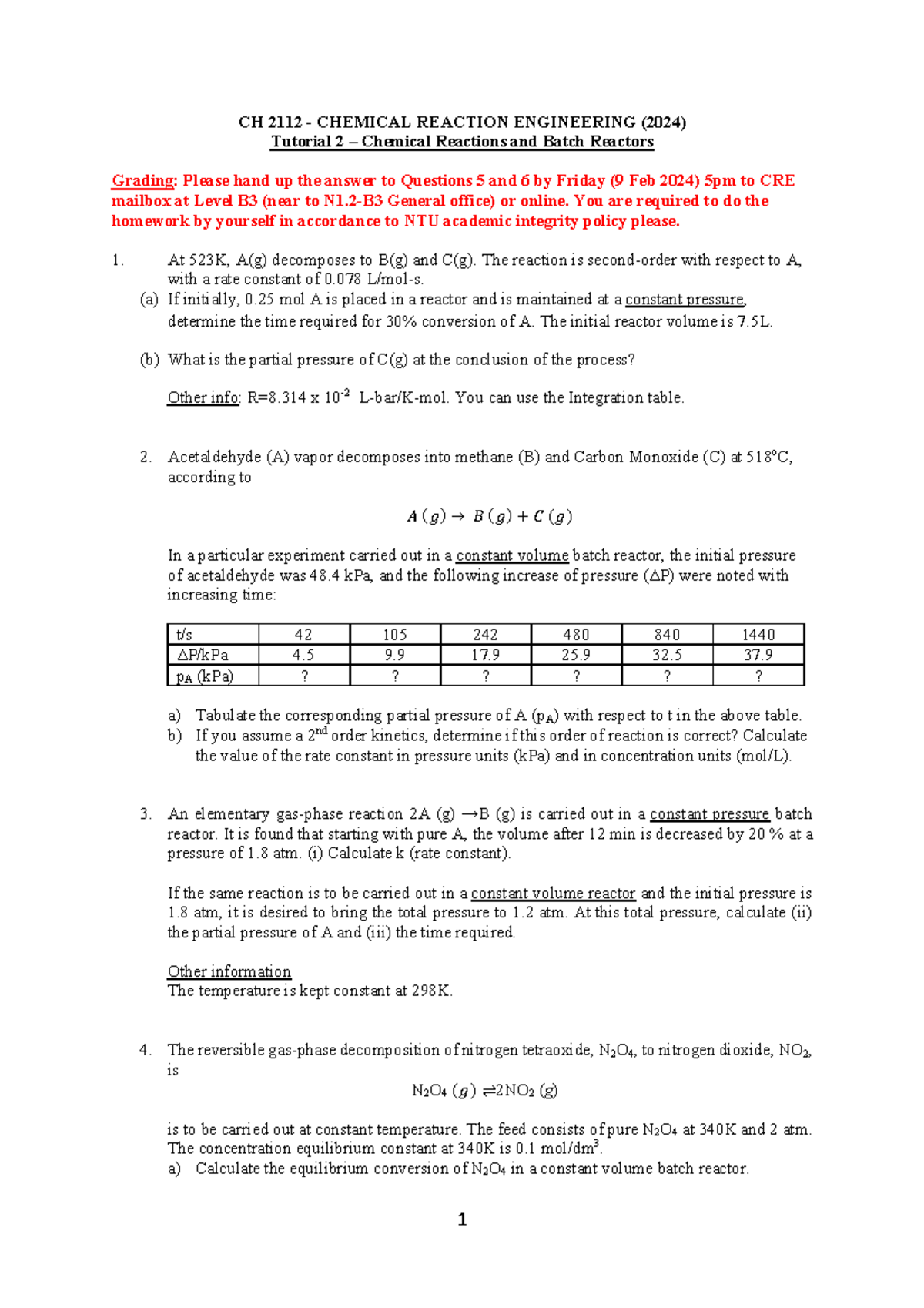CH2112 Tut 2 - tutorial 2 - 1 CH 2112 - CHEMICAL REACTION ENGINEERING (2024) Tutorial 2 ...