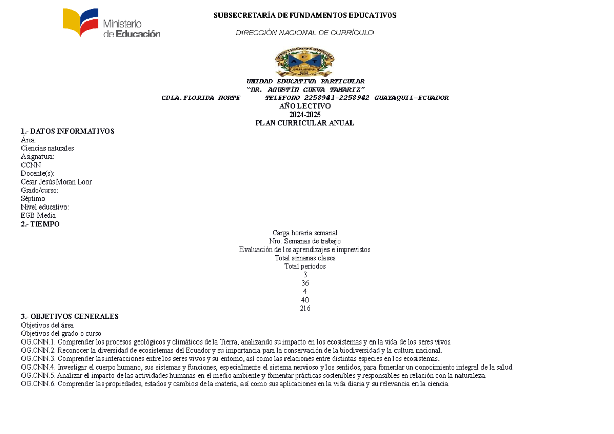 Planificacion Anual DE CCNN de 7mo A - DIRECCIÓN NACIONAL DE CURRÍCULO UNIDAD EDUCATIVA ...