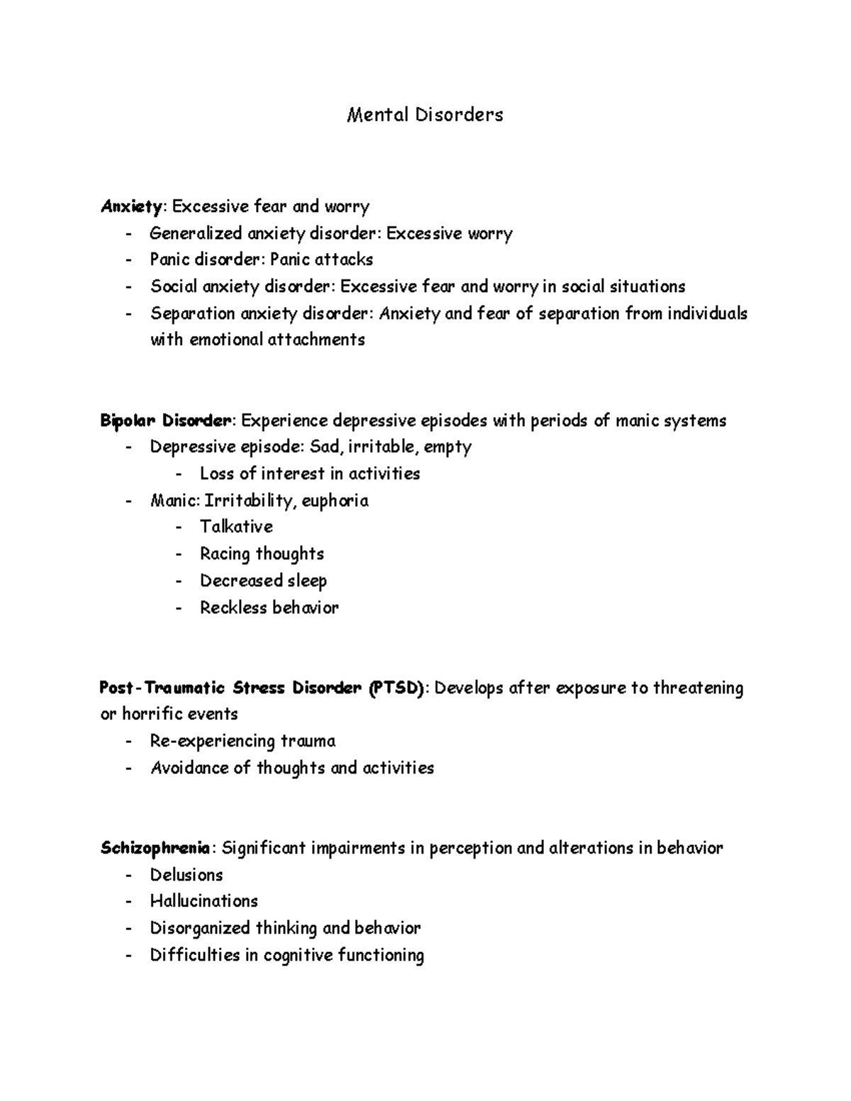 Disorders - Google Docs1 - Mental Disorders Anxiety: Excessive fear and ...