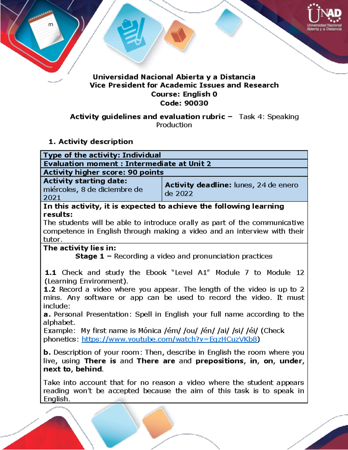 Activities guide and evaluation rubric Unit 2 Task 4-Speaking ...