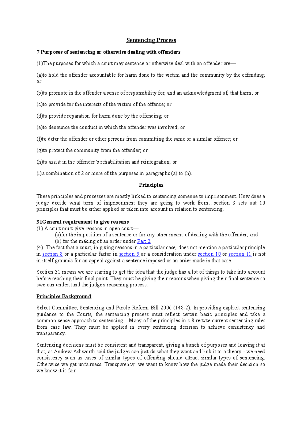 Sentencing Process - Lecture notes 9-10 - Sentencing Process 7 Purposes ...