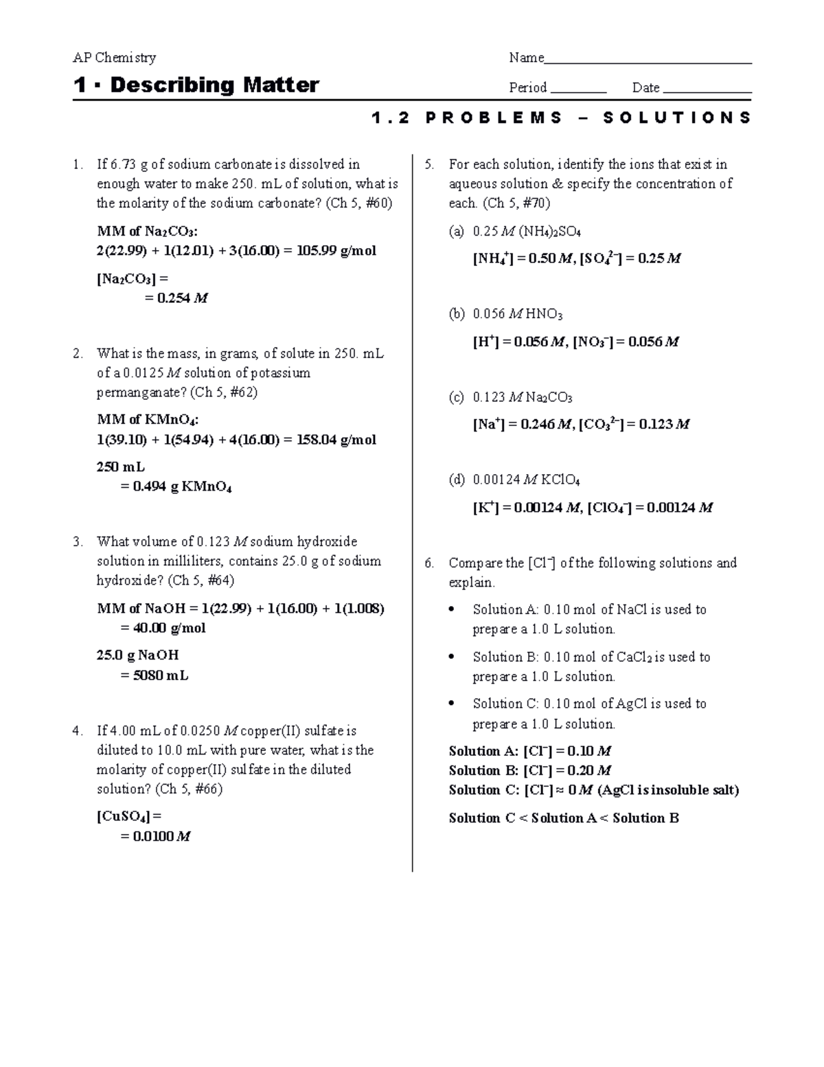 Apch1.2 problems-solutions ans - AP Chemistry Name 1 Describing Matter ...
