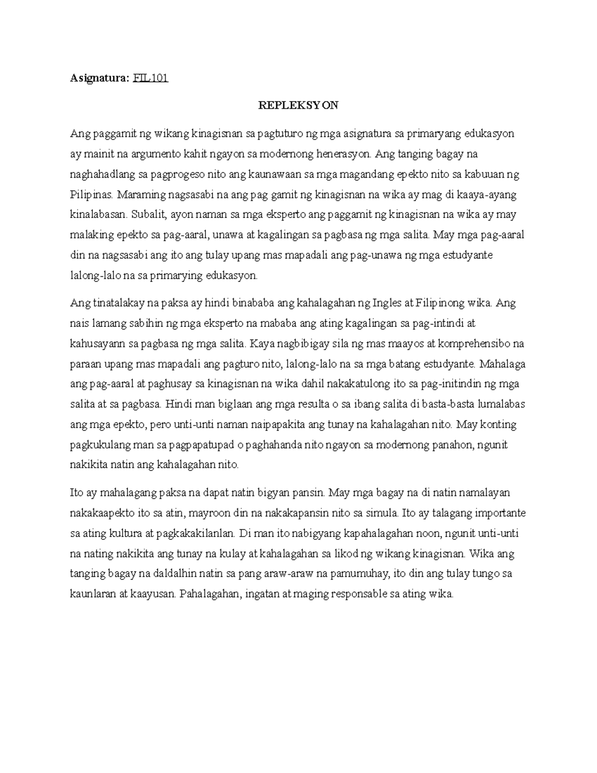 Reflection Paper Mother Tounge - Asignatura: FIL REPLEKSYON Ang ...