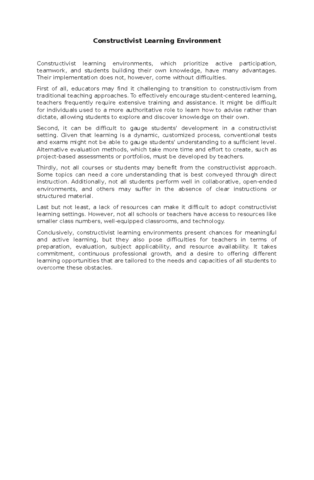 Constructivist Learning Environment - Constructivist Learning Environment Constructivist ...