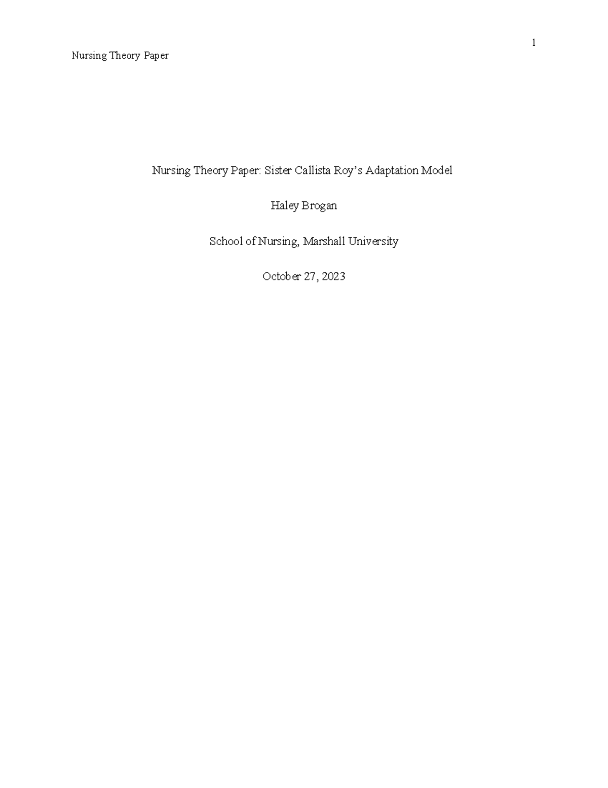 Roy's Adaptation Theory Paper - Nursing Theory Paper Nursing Theory ...