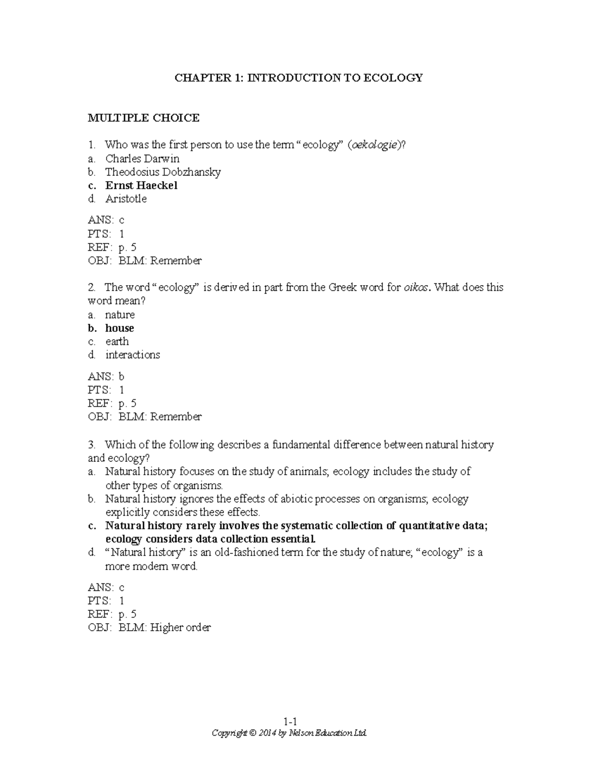 Introduction to Ecology Multiple Choice Quiz - Studocu