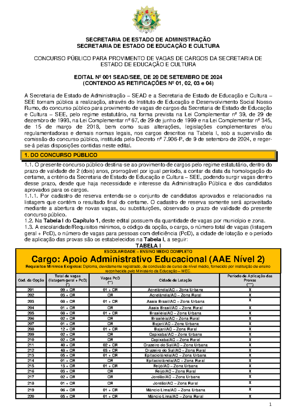 Edital nº 001 - Abertura do Concurso (Contendo as Retificações Nº 01 ...