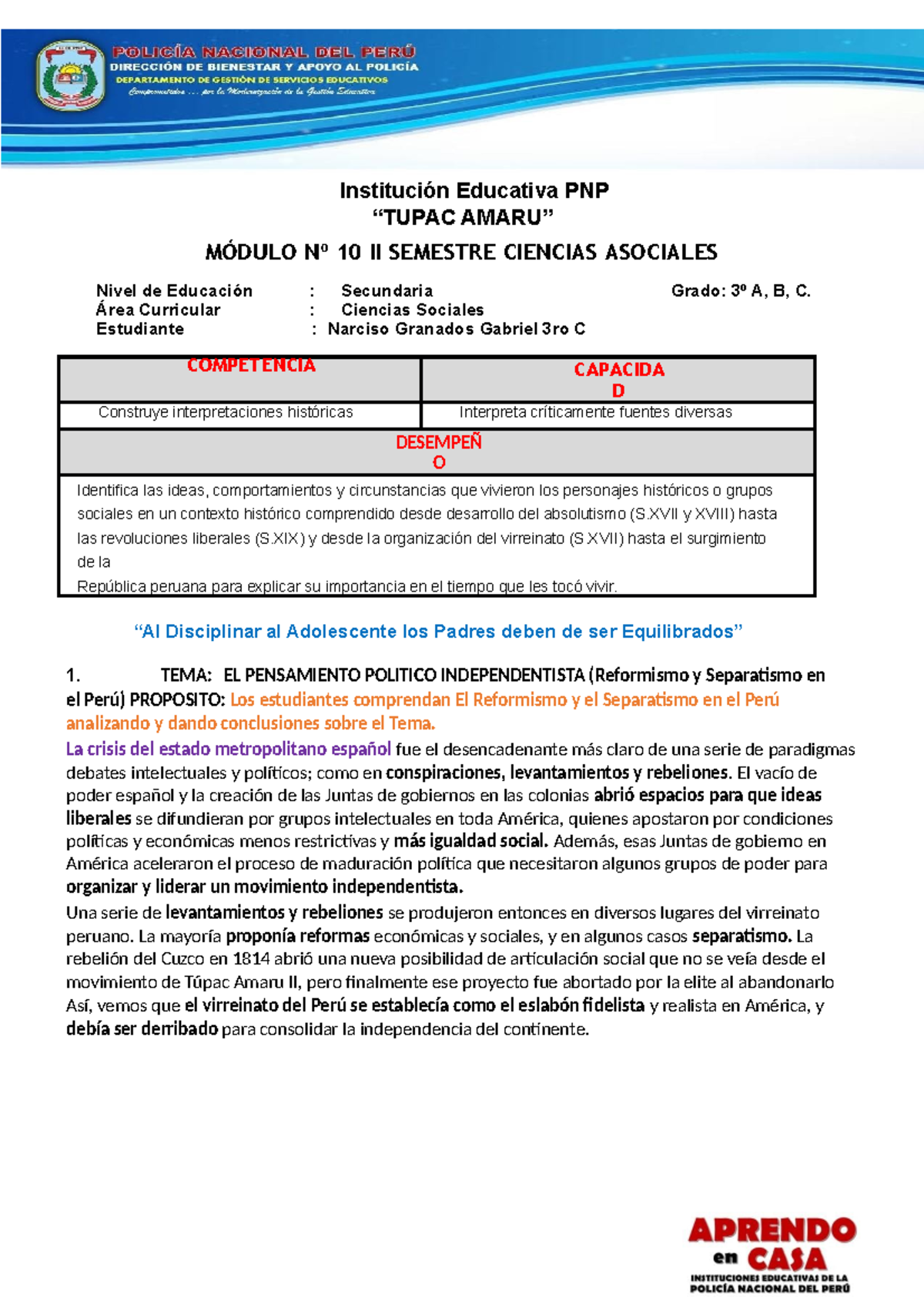 3ro CCSS Modulo 10 II Semestre Aparcana - Institución Educativa PNP “TUPAC AMARU” MÓDULO Nº 10 ...