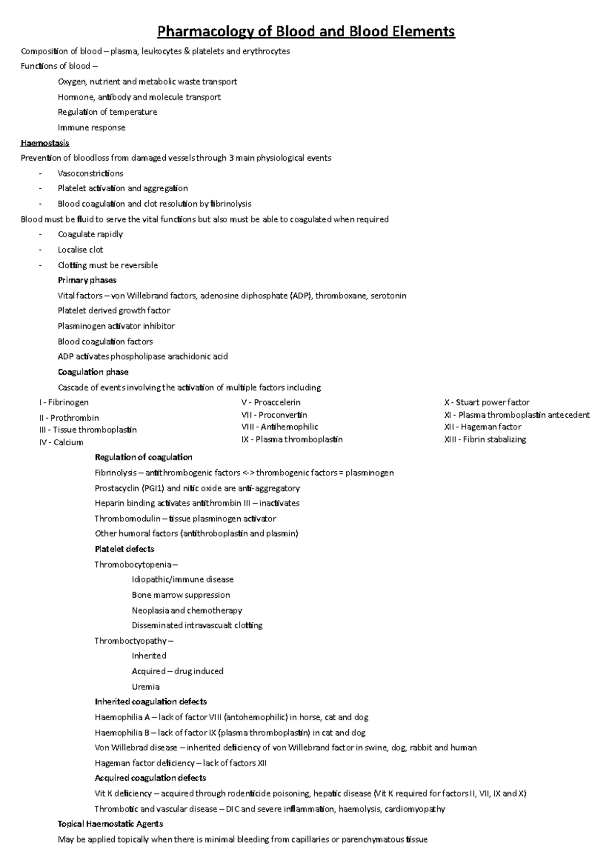 Pharmacology of Blood and Blood Elements Notes - Pharmacology of Blood ...