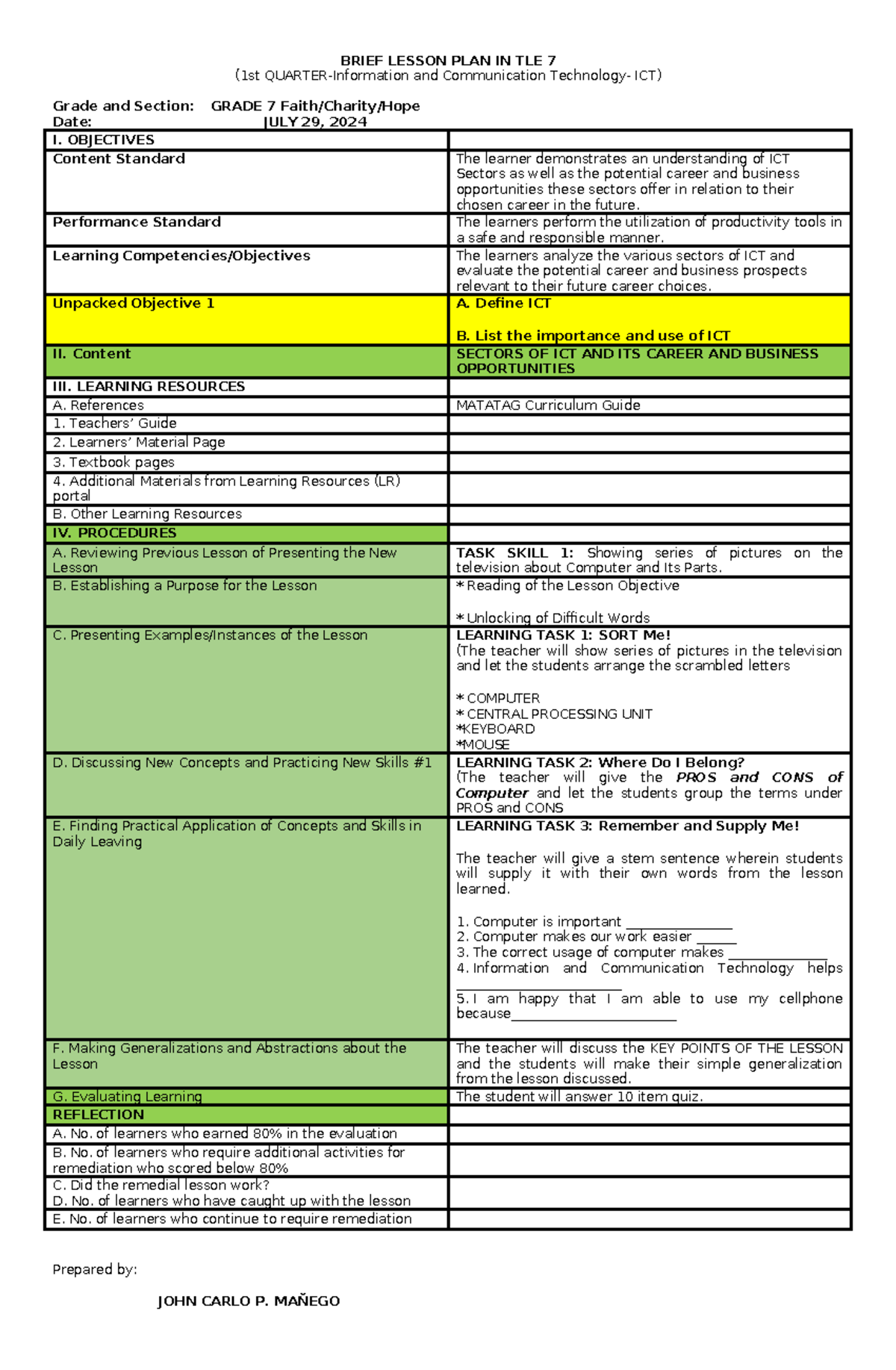 Brief Lesson PLAN IN TLE 7.docx NEW - BRIEF LESSON PLAN IN TLE 7 (1st ...