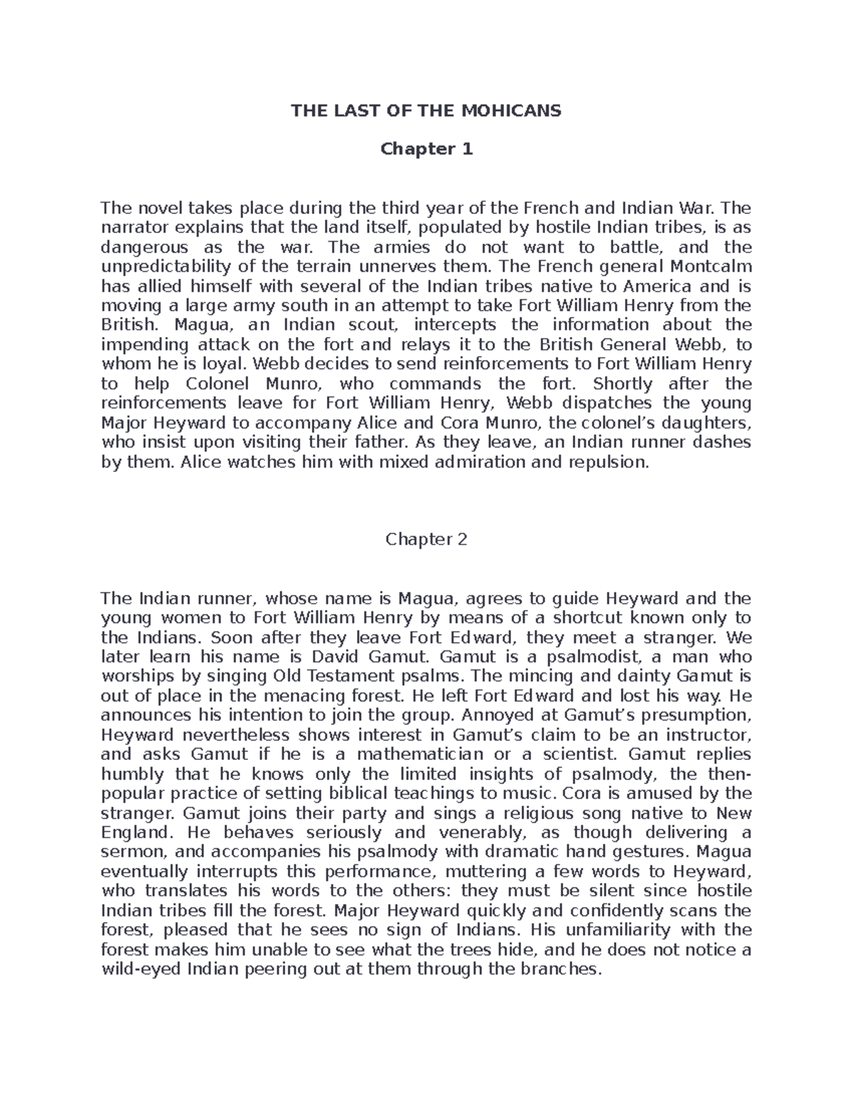 THE LAST OF THE Mohicans - THE LAST OF THE MOHICANS Chapter 1 The novel ...