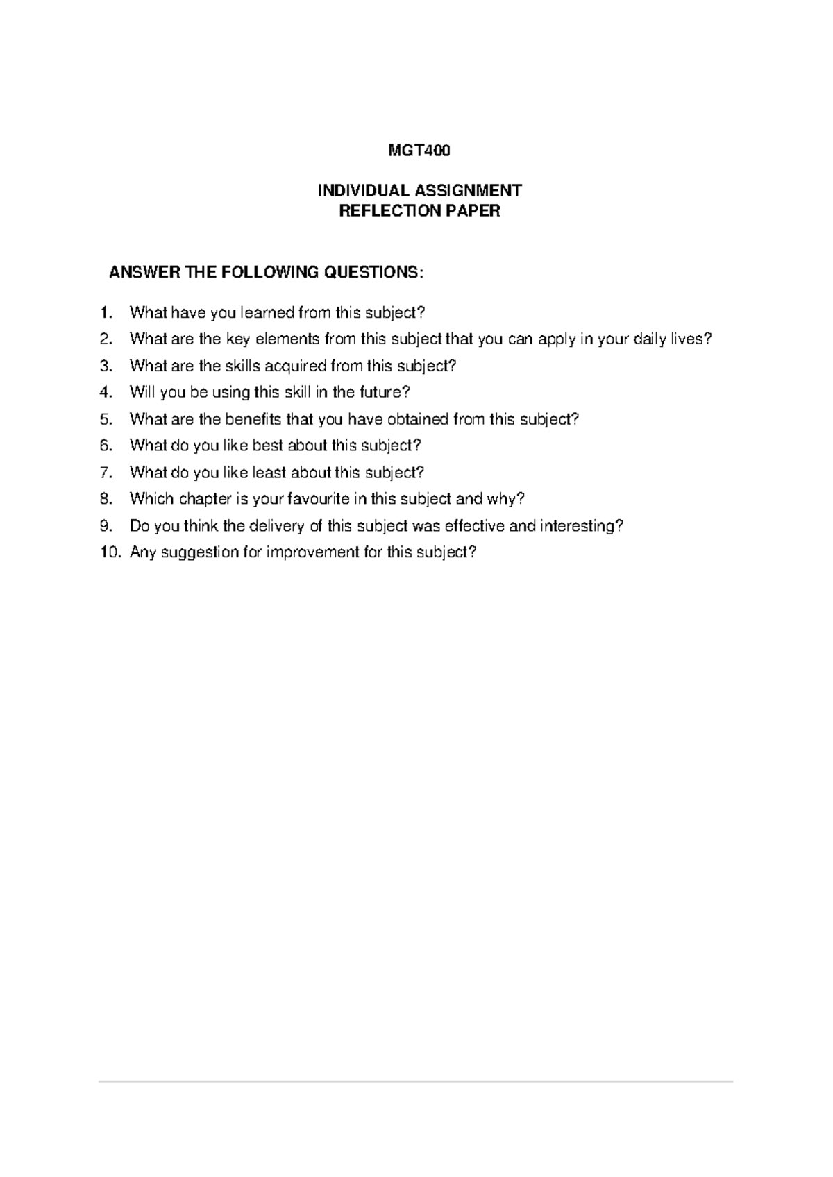 Individual Assignment - Reflection Paper 2023-2024 - MGT INDIVIDUAL ...