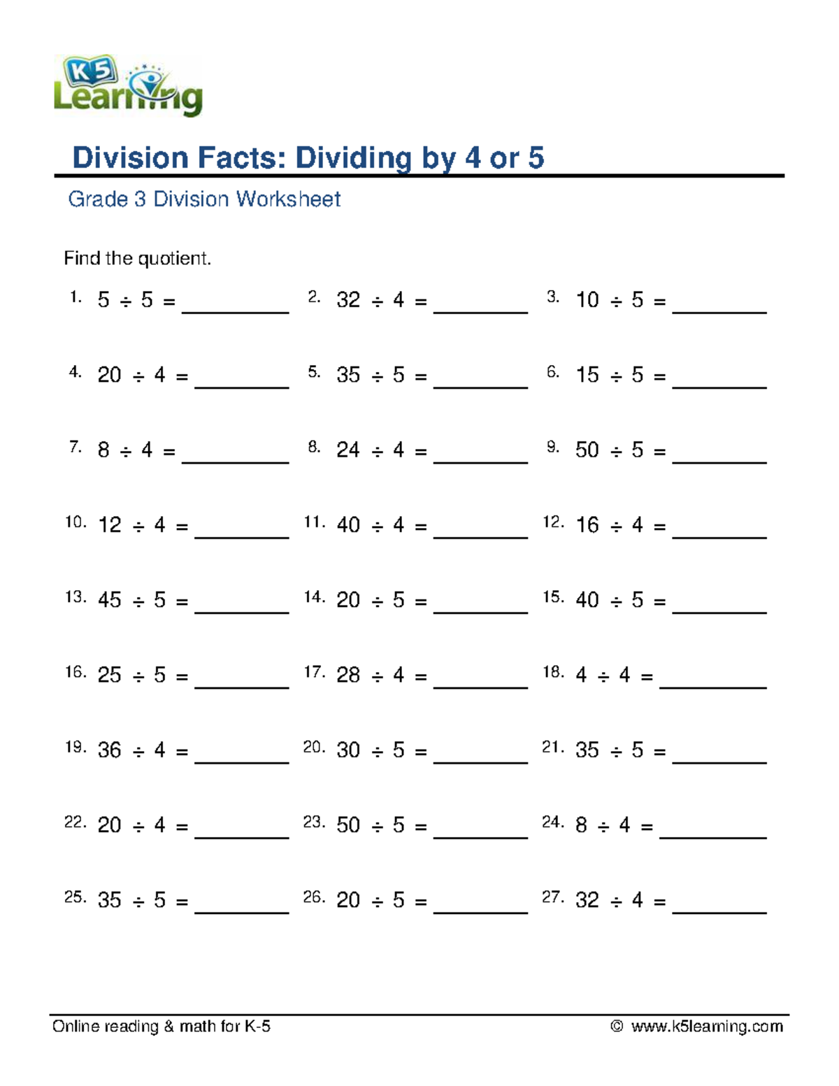 Grade 3 division facts 4 or 5 d - Online reading & math for K-5 ...