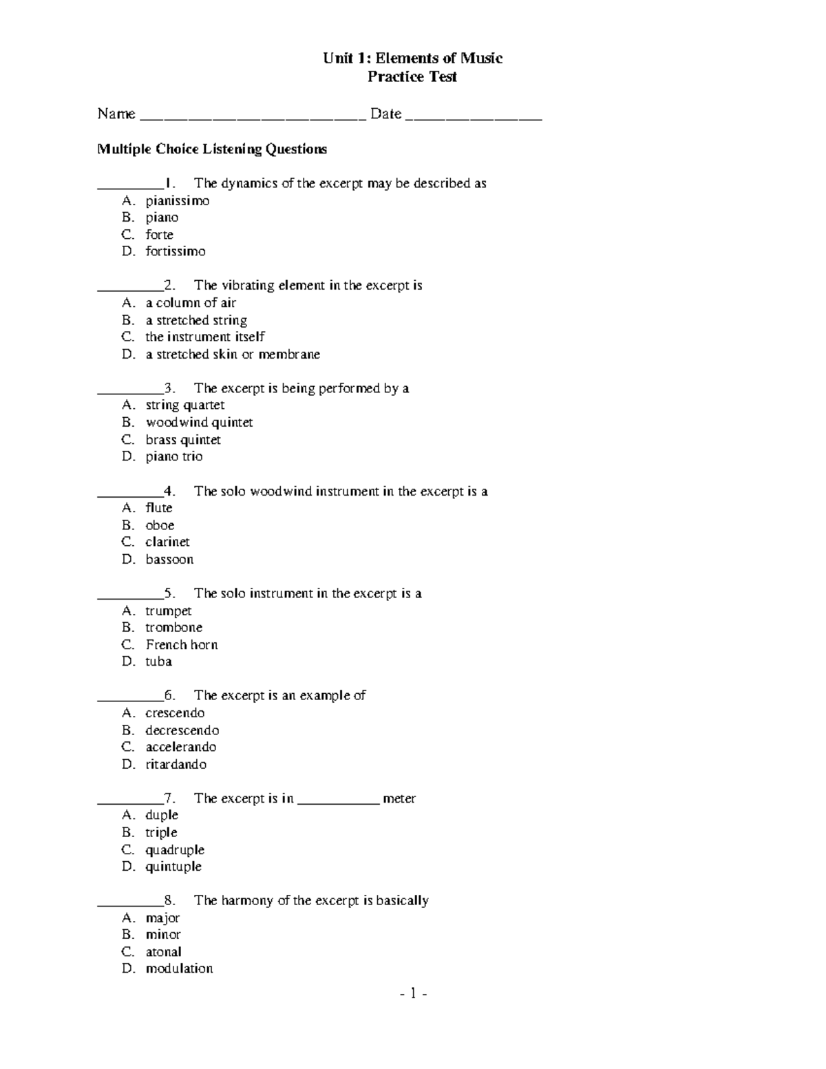 Unit 1 Elements Practice Test with answer key (MA) - Unit 1: Elements ...