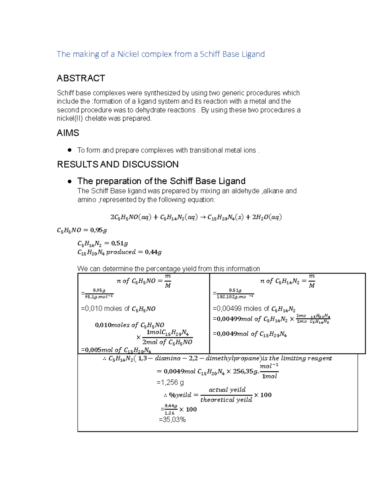 CHEM210 Experiment 3 - The making of a Nickel complex from a Schiff ...