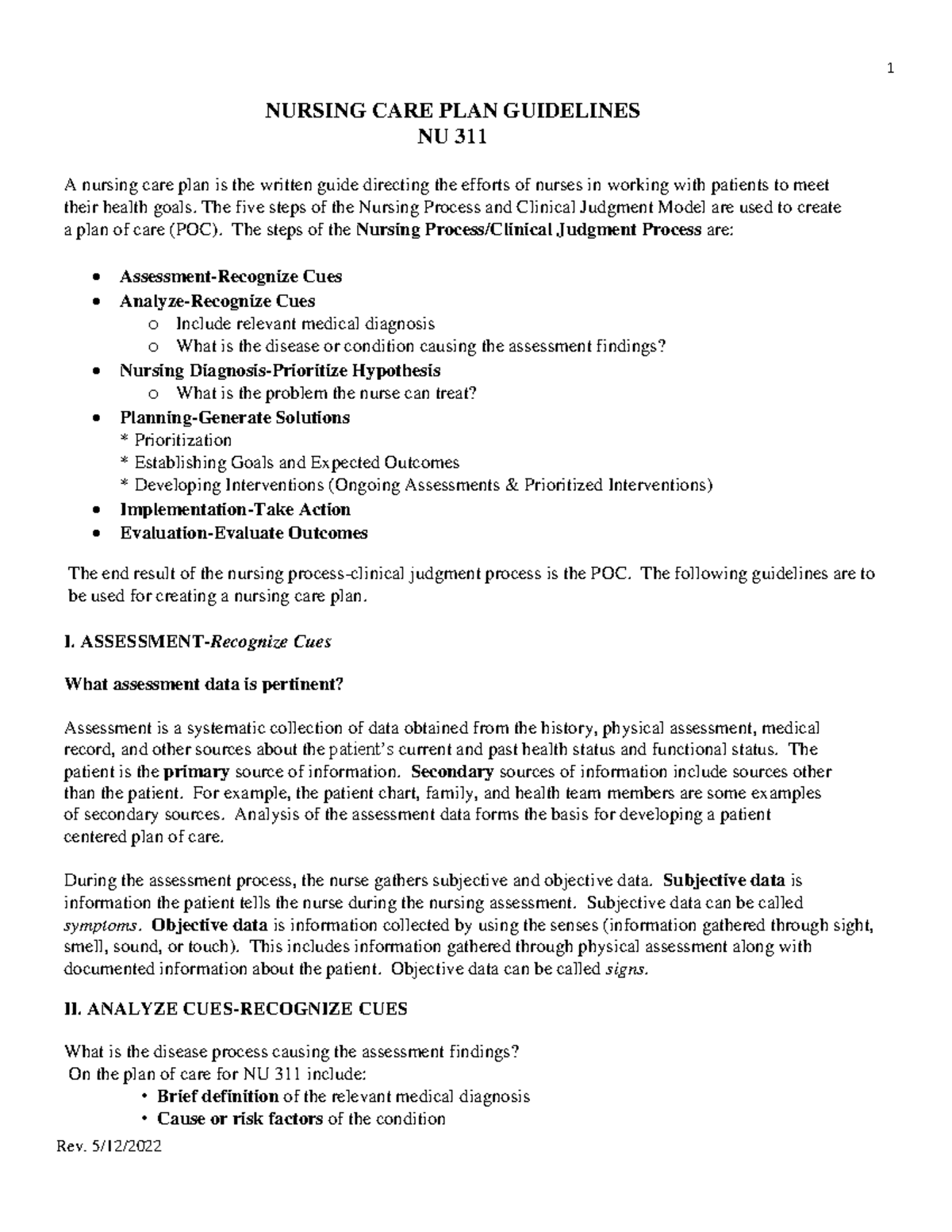 Nursing Care PLan Guidelines NGN - NURSING CARE PLAN GUIDELINES NU 311 ...