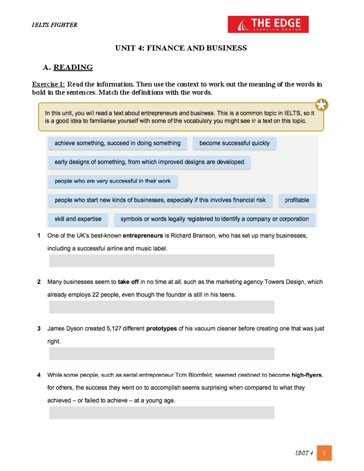 UNIT 4 Student - SVSABSBABAB - UNIT 4: FINANCE AND BUSINESS A. READING ...