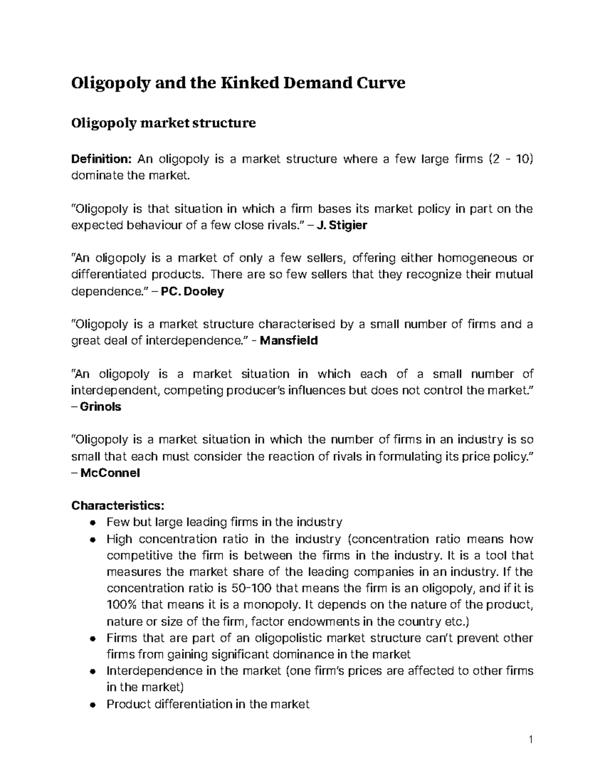 The Kinked Demand Curve of Oligopoly - Oligopoly and the Kinked Demand ...