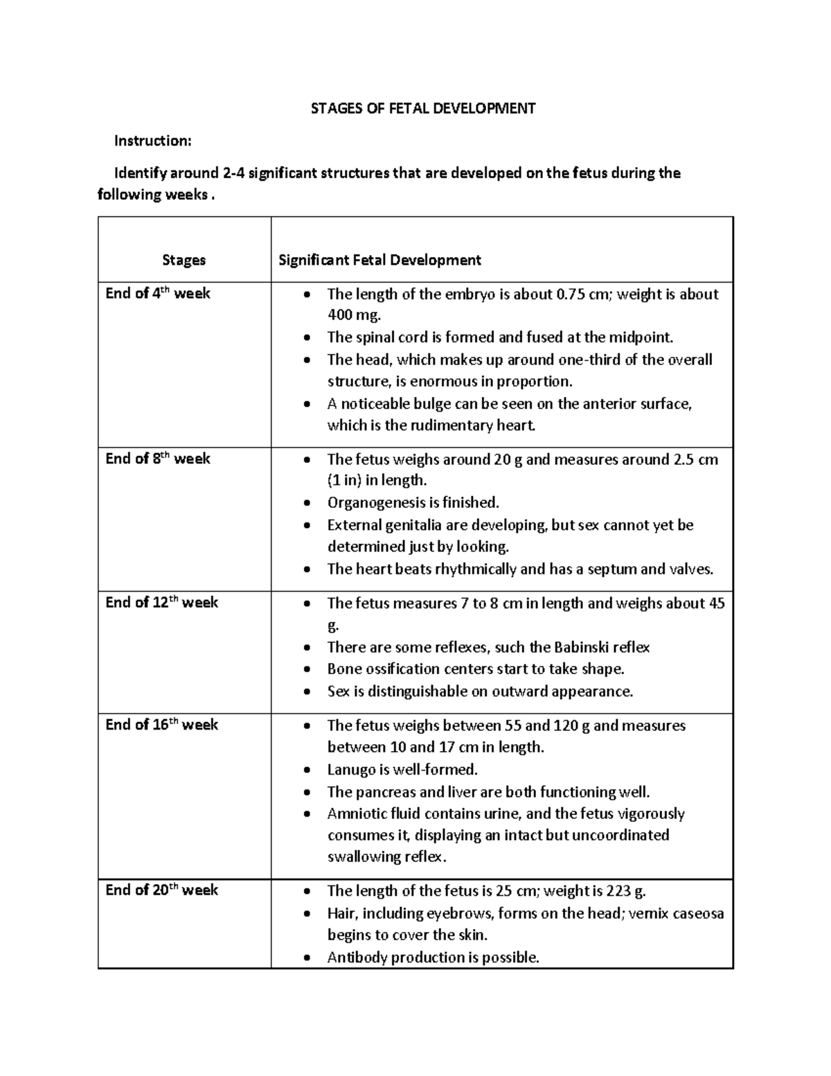 Stages of fetal development - STAGES OF FETAL DEVELOPMENT Instruction ...